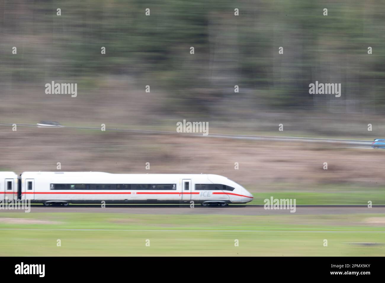 13 April 2023, Hesse, Bad Soden-Salmünster: An ICE is driving on the ...