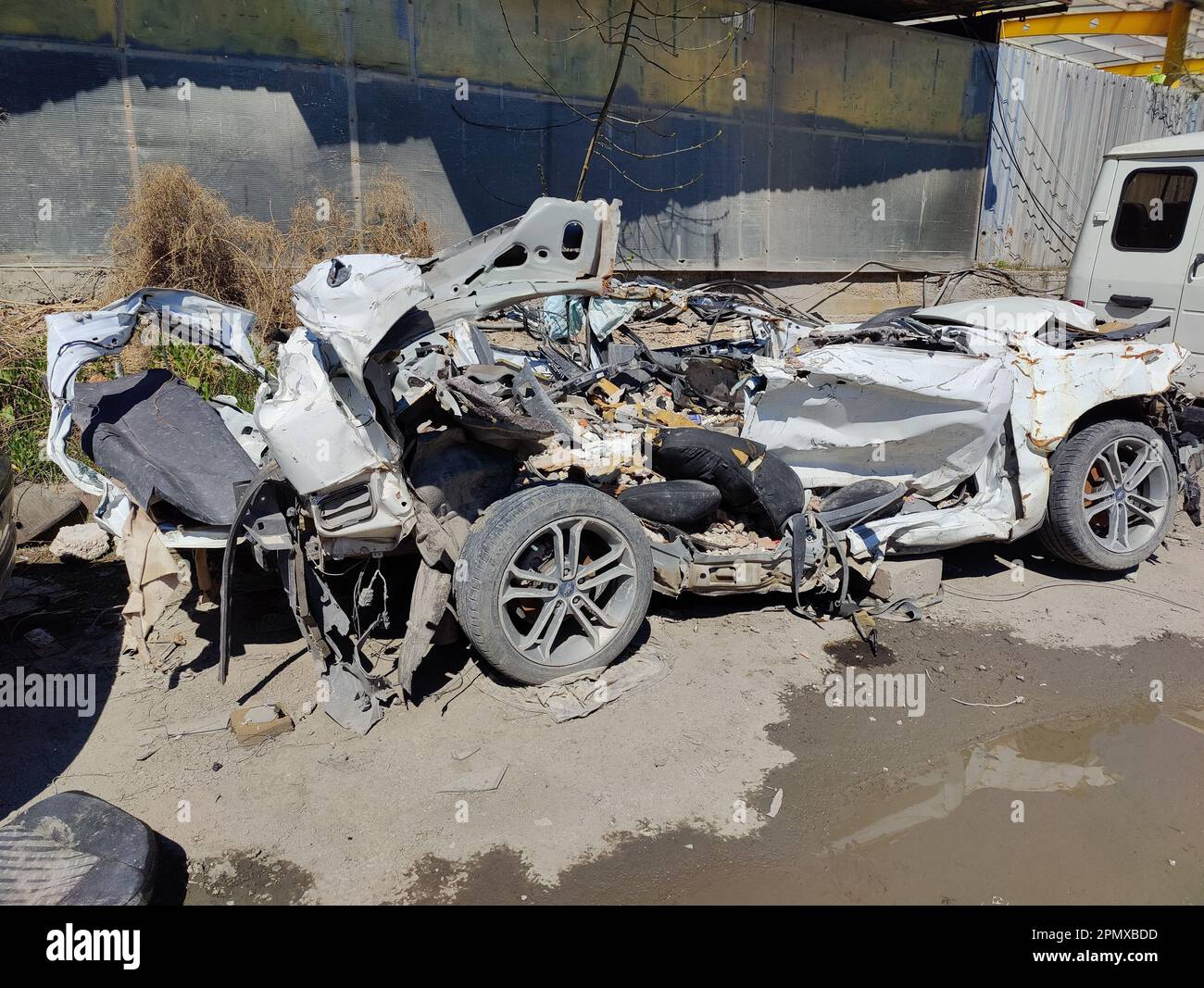 Scrapped cars and vehicles in the ruined city after earthquake, tsunami ...