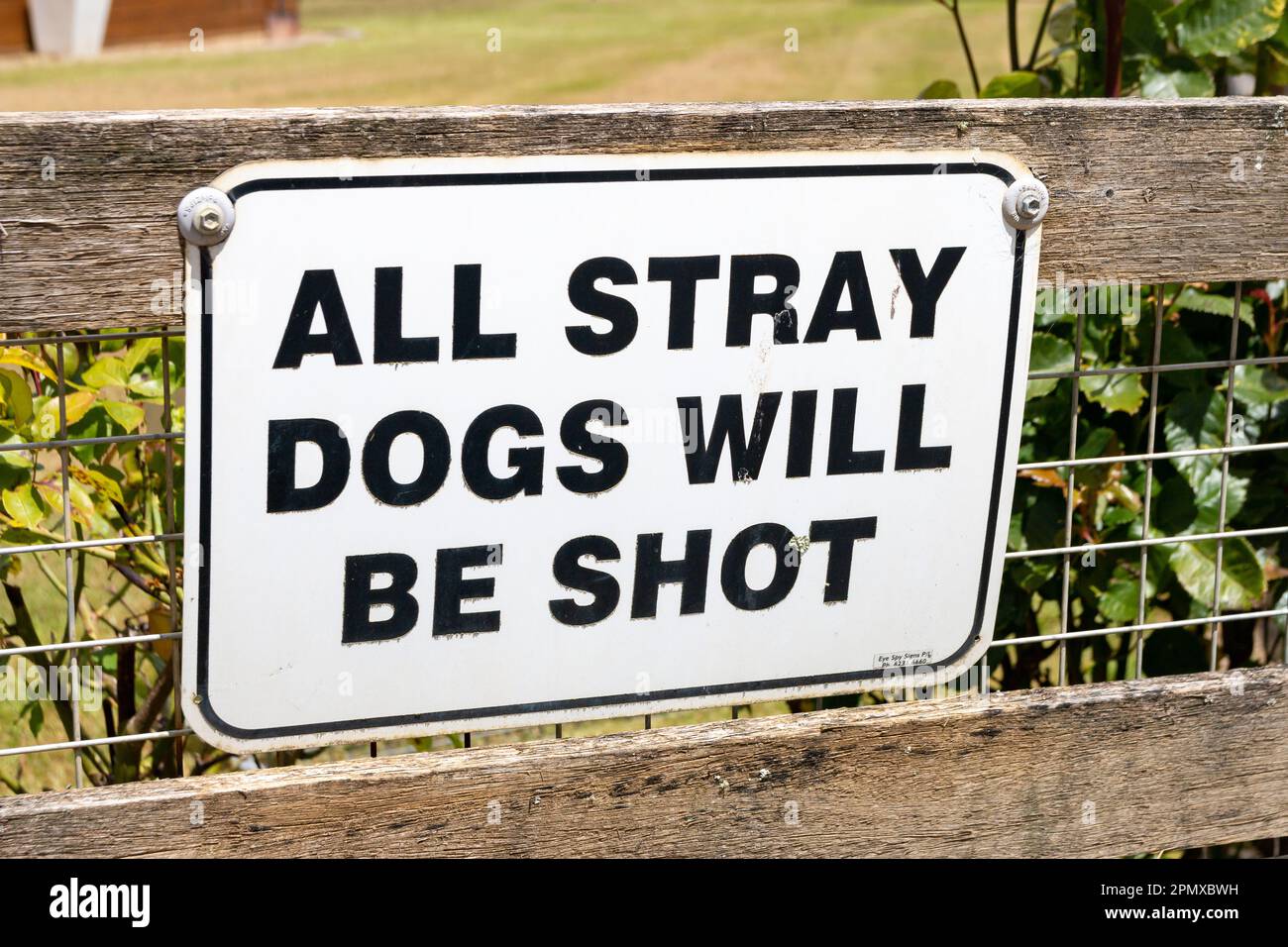 Tasmania Australia - December 20 2022: Rural property fence sign ...
