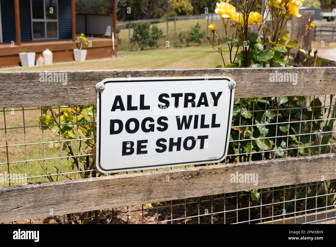 Tasmania Australia - December 20 2022: Rural property fence sign ...