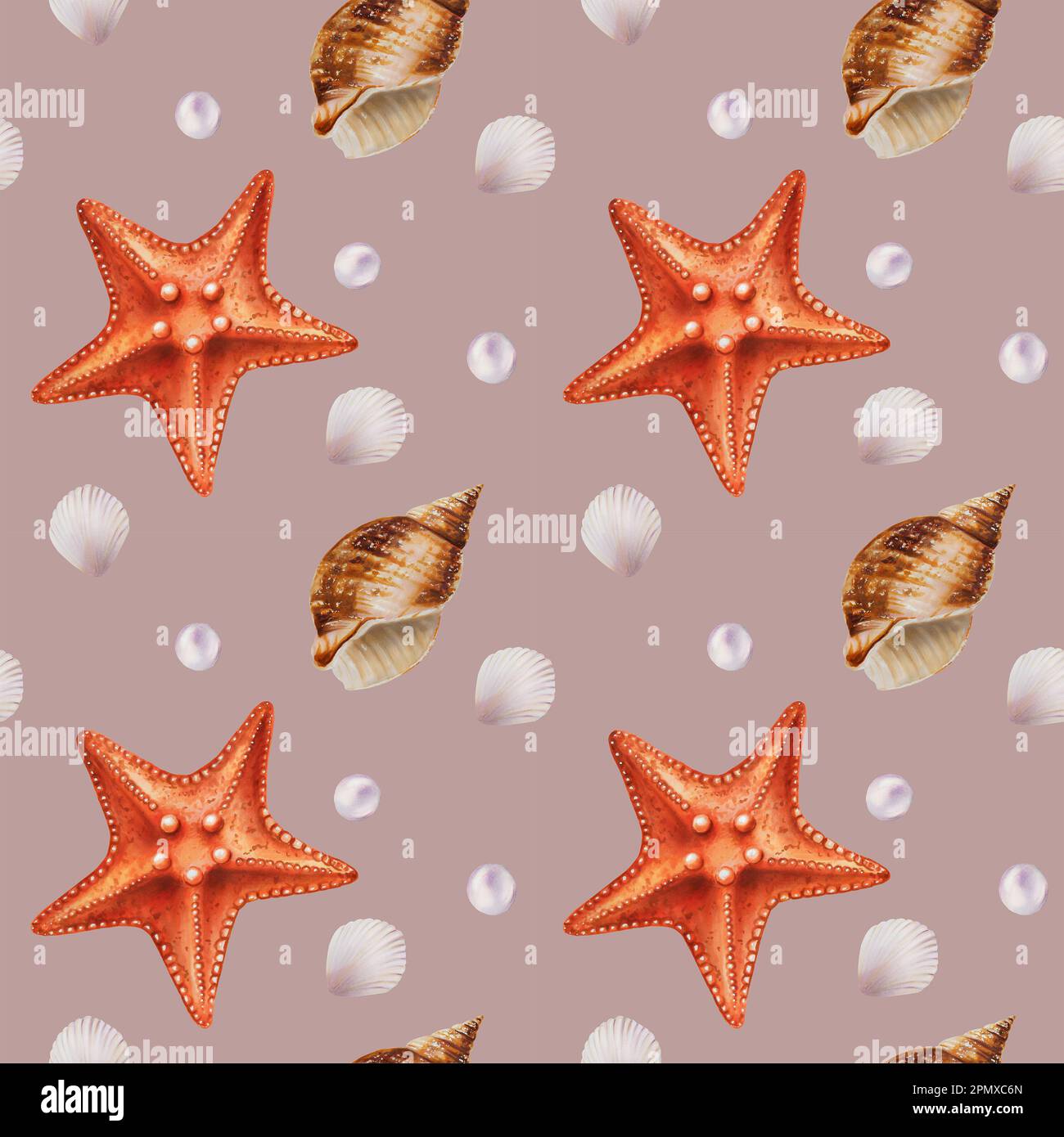 Watercolor seamless pattern with sea star and shells. Hand painting ...