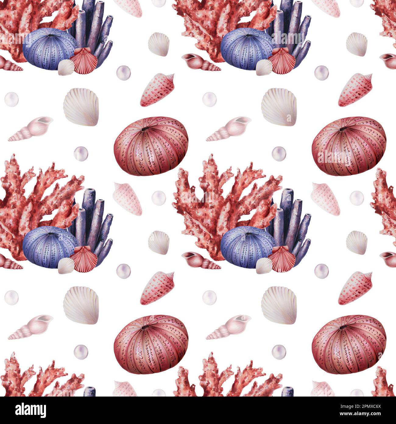 Watercolor seamless pattern with corals, urchin, shells and pearls ...