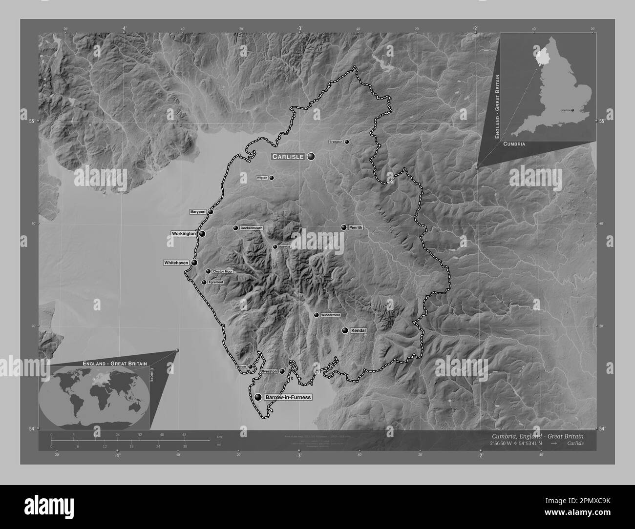 Cumbria, administrative county of England - Great Britain. Grayscale ...