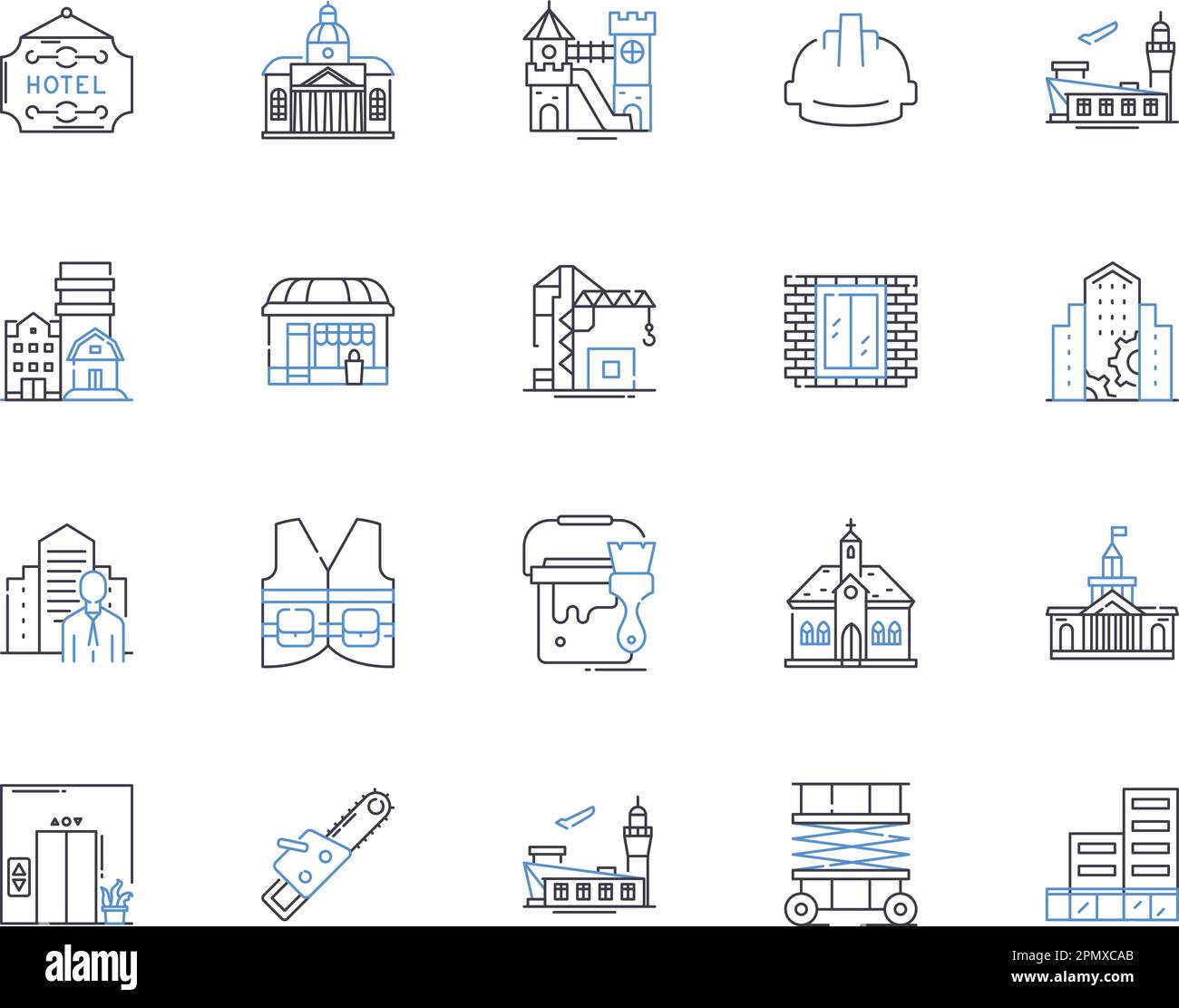 Construction tools outline icons collection. Shovel, Hammer, Drill, Saw ...