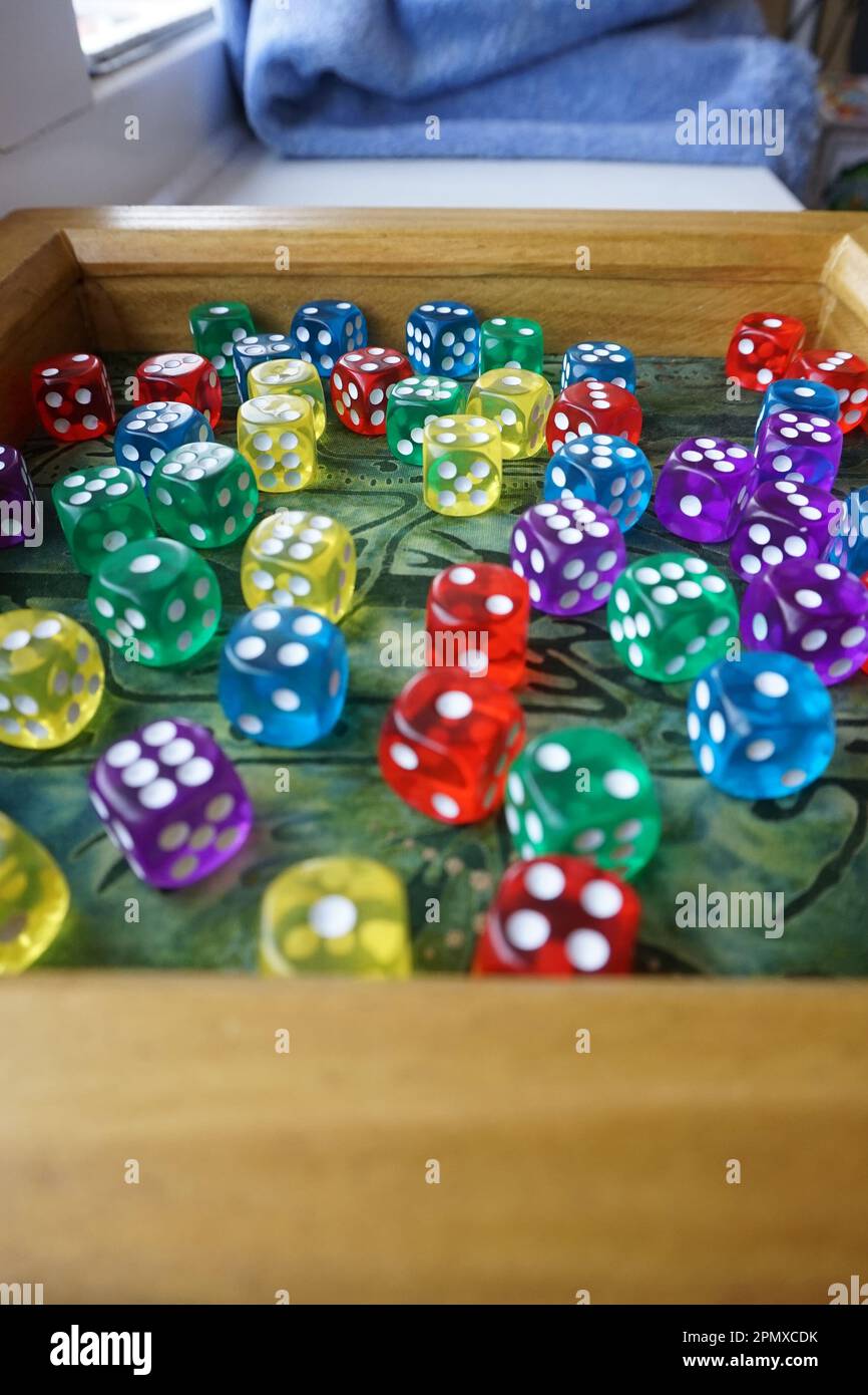 Colourful D6 dice from Sagrada board game Stock Photo - Alamy