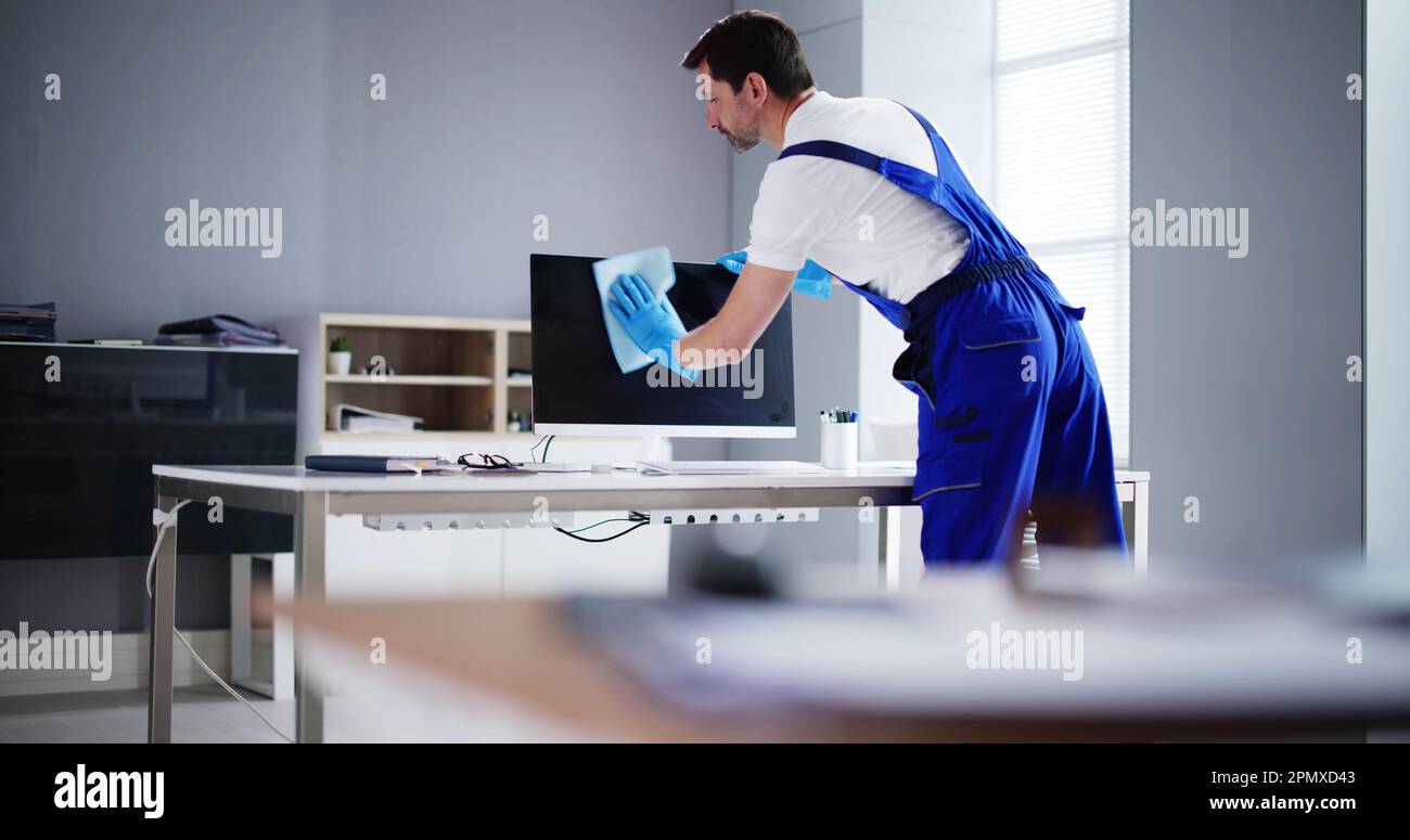 Professional Workplace Janitor Service. Office Desk Cleaning Stock ...