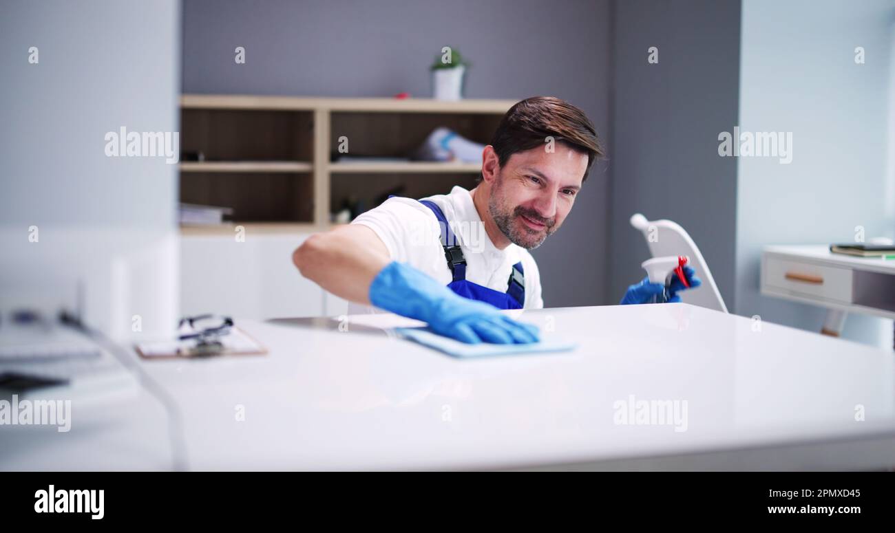 Professional Workplace Janitor Service. Office Desk Cleaning Stock ...