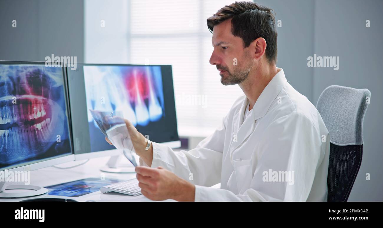 Radiologist Dentist Using X Ray Software On Desktop Computer Stock ...