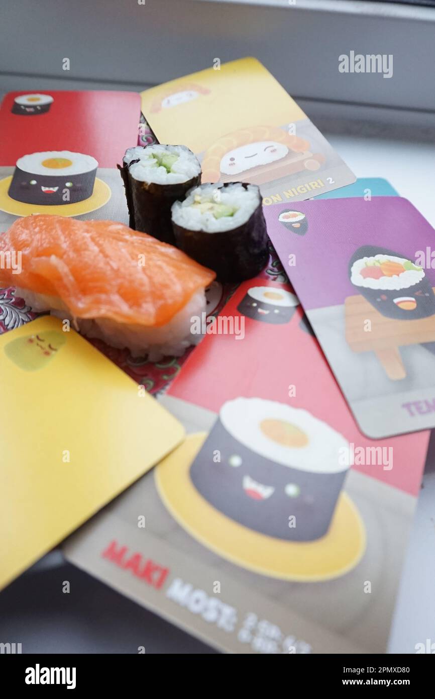 Sushi alongside the matching sushi cards from Sushi Go card game Stock ...