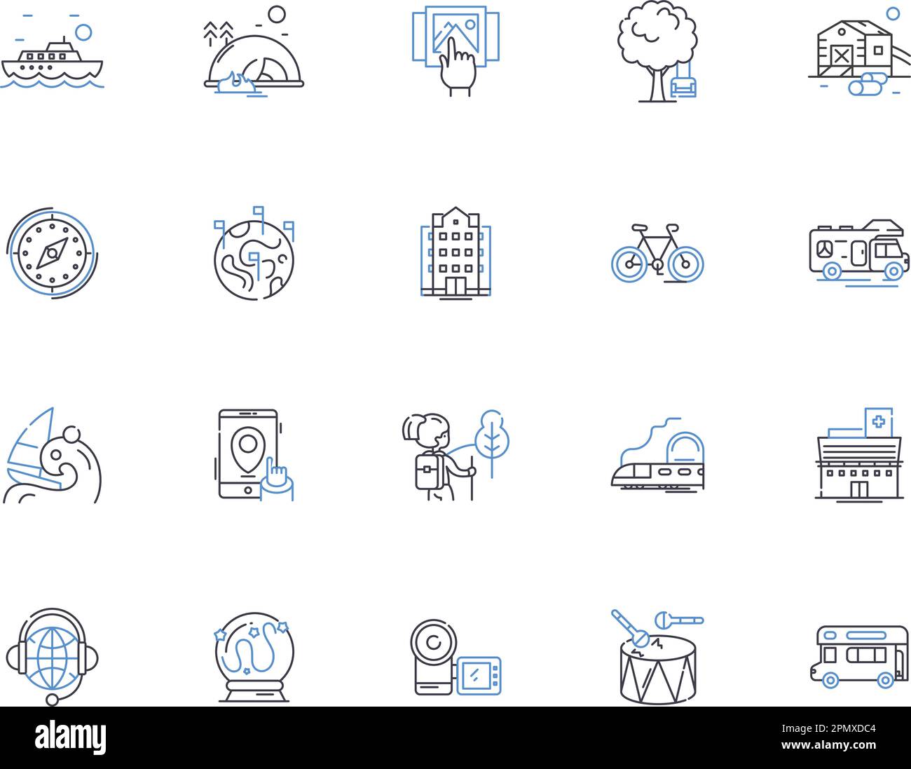 World travel outline icons collection. tourism, journey, trips ...