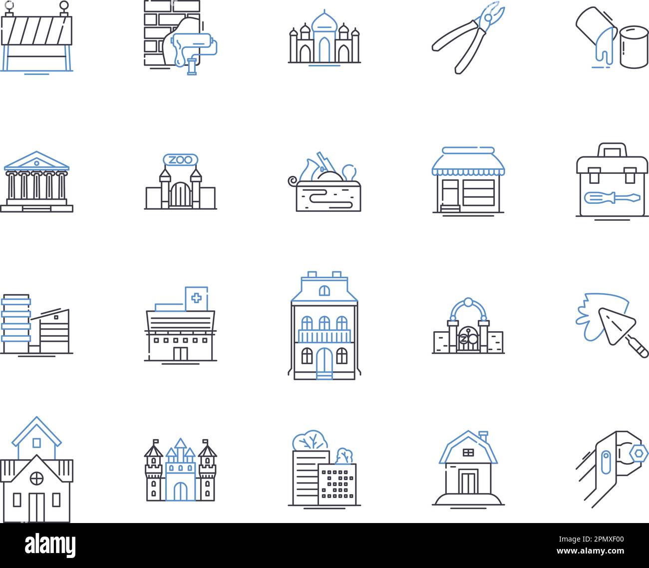 Construction tools outline icons collection. Shovel, Hammer, Drill, Saw ...