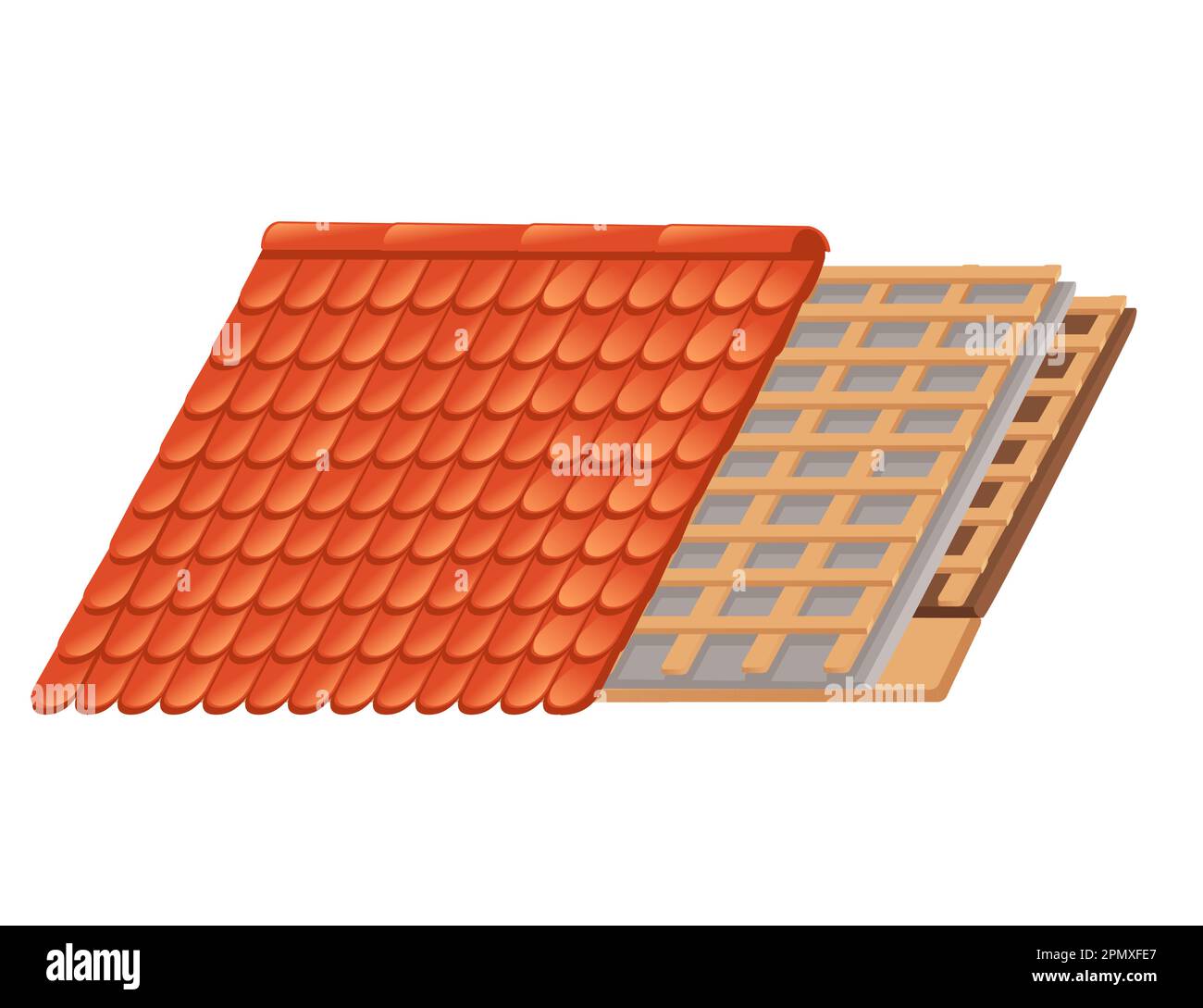 Home roof from red ceramic tiles and insulation vector illustration on white background Stock ...