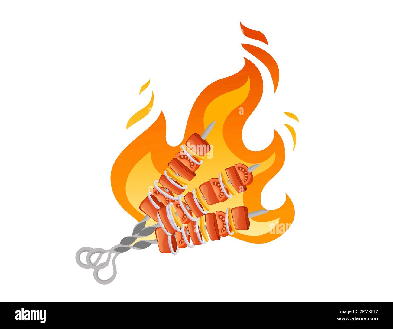 Roasted kebab on skewer with fire bbq grilled food vector illustration ...
