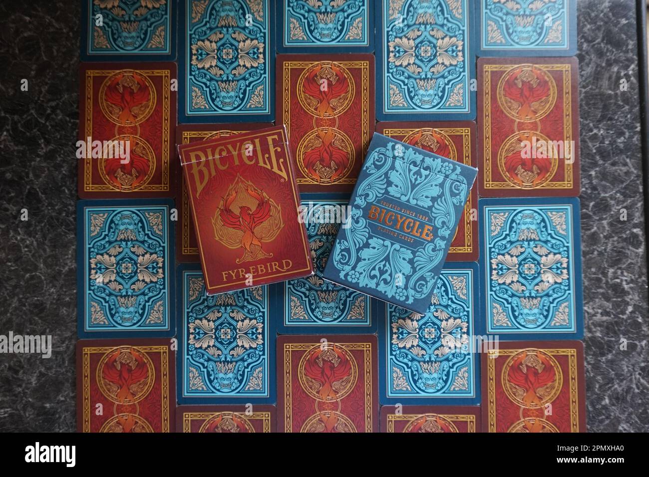 Two bicycle deck of playing cards displayed in geometric pattern Stock ...