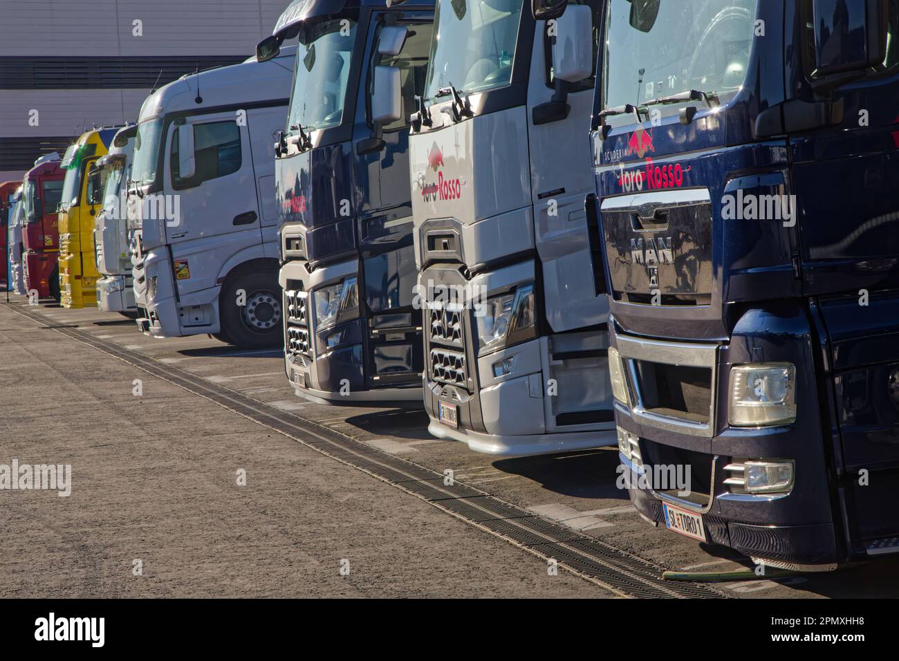 LE CASTELLET, FRANCE, April 9, 2023 : Trucks of the teams in the ...
