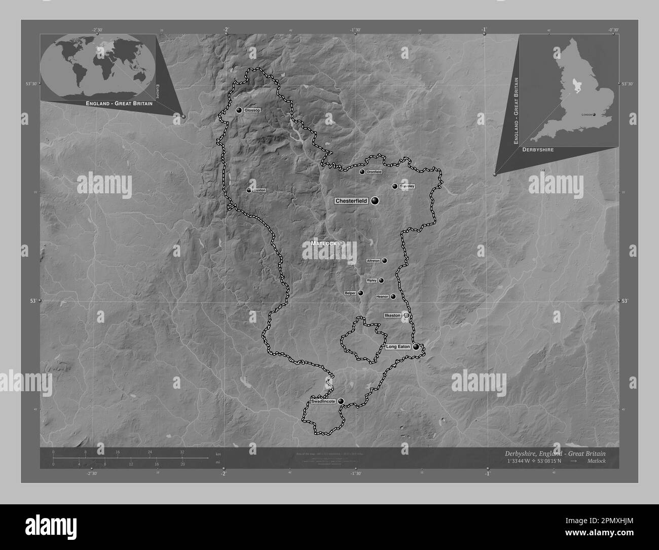 Derbyshire, administrative county of England - Great Britain. Grayscale ...