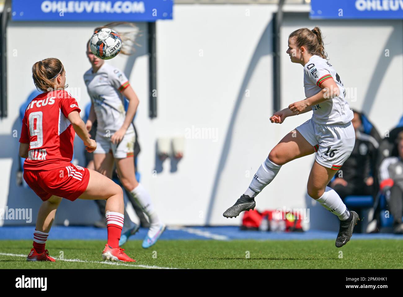 Leuven, Belgium. 15th Apr, 2023. Karlijn Helsen (16) of OHL pictured during a female soccer game ...