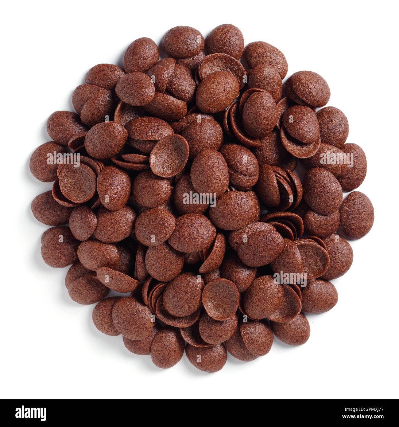 Chocolate cereals breakfast on white background. Glazed corn flakes in ...