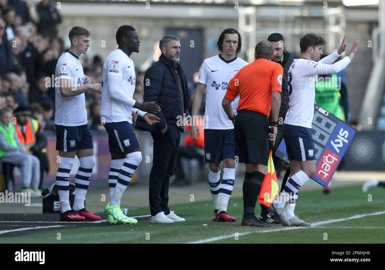 Preston North End manager Ryan Lowe (centre) with his four substitute's ...