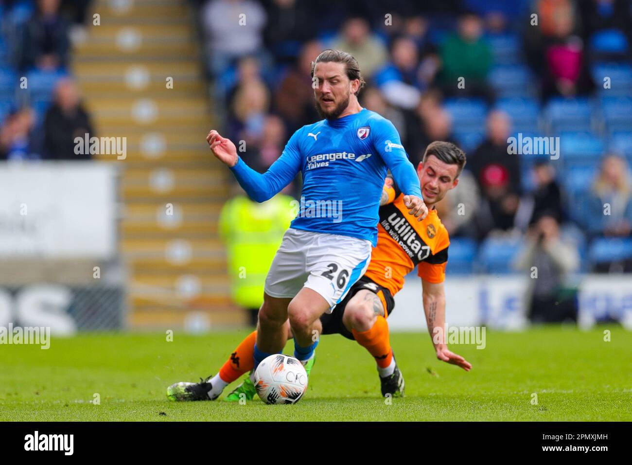 Chesterfield midfielder Darren Oldaker (26) tackle Eastleigh defender ...