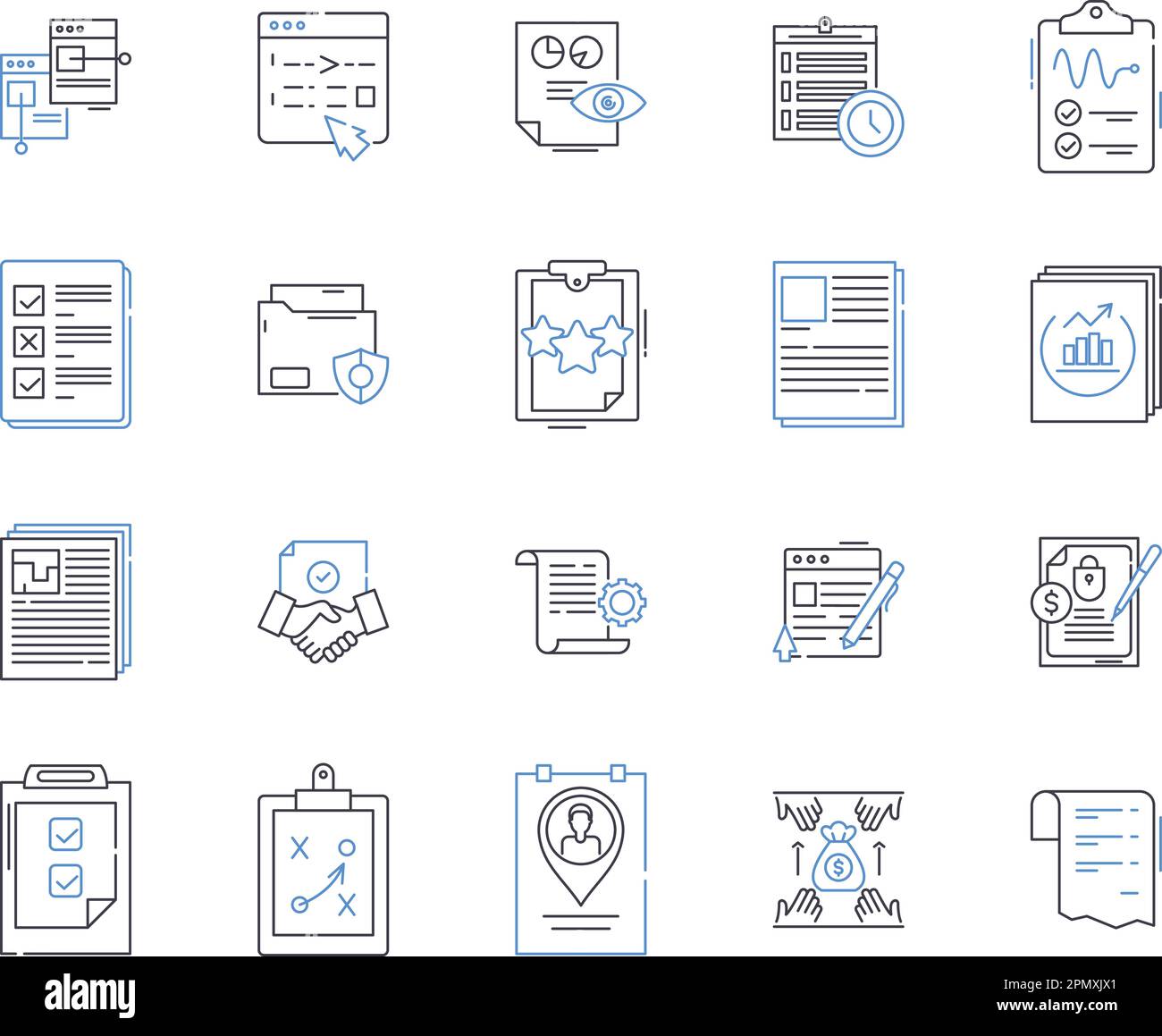 Business documents outline icons collection. Contracts, Policies, Invoices, Letters, Reports ...