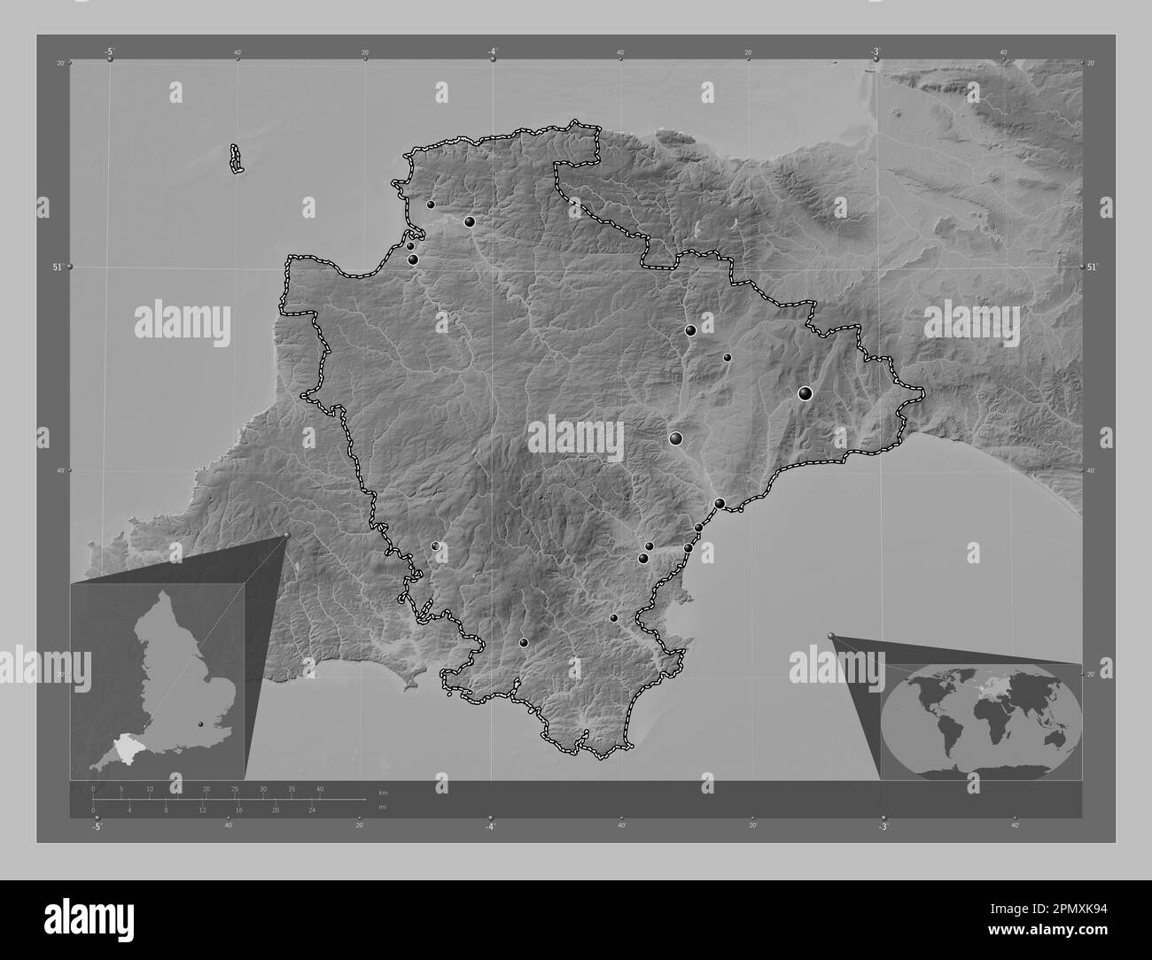 Devon, administrative county of England - Great Britain. Grayscale ...