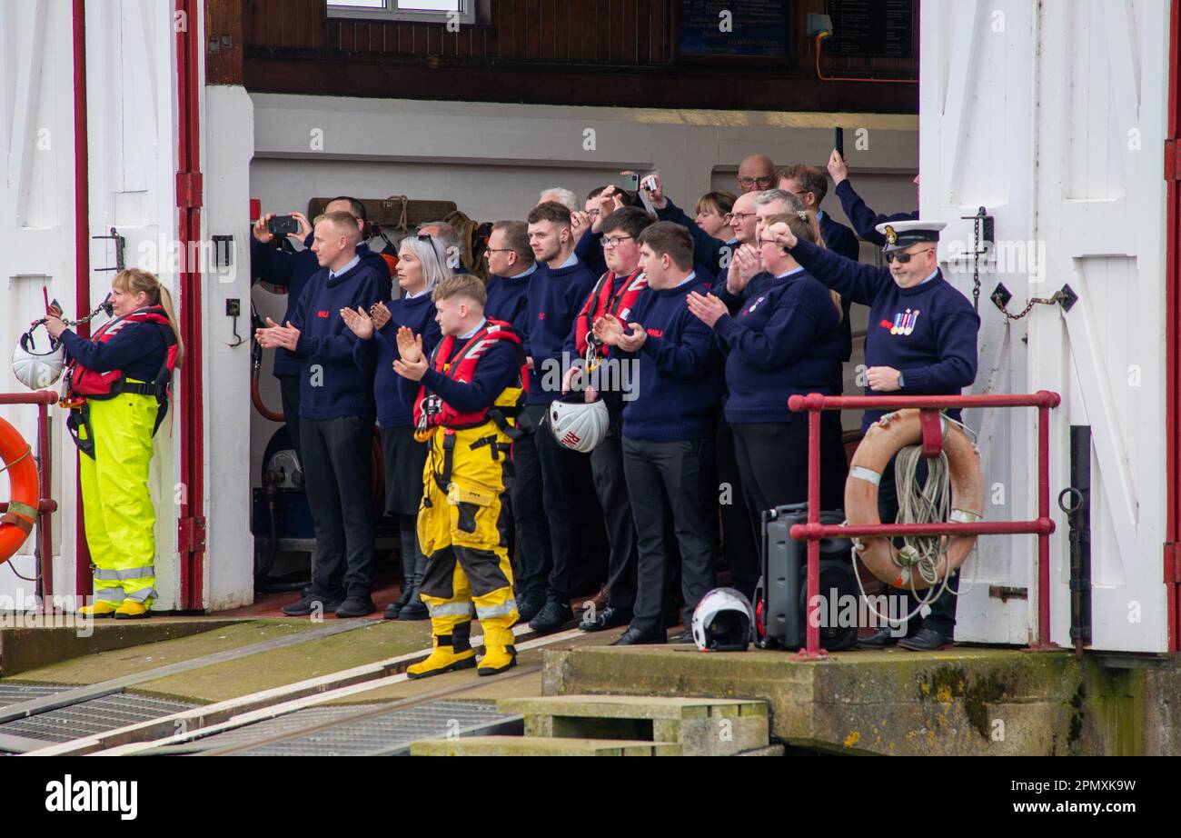 15 April 2023, Berwick upon Tweed, Northumberland Crew and launch crew ...
