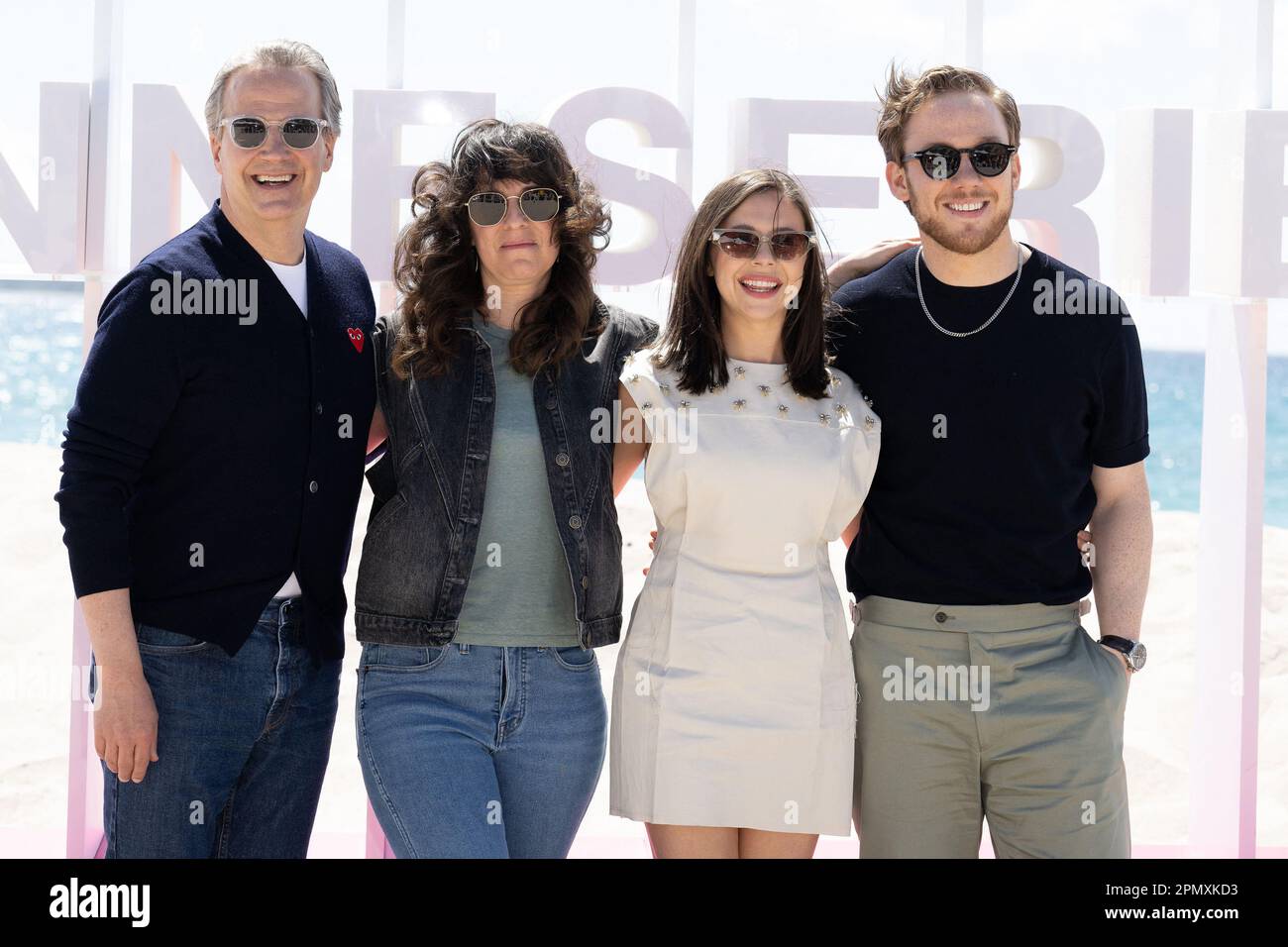 Cannes, France. 15th Apr, 2023. Tony Phelan, Susanna Fogel, Bel Powley ...