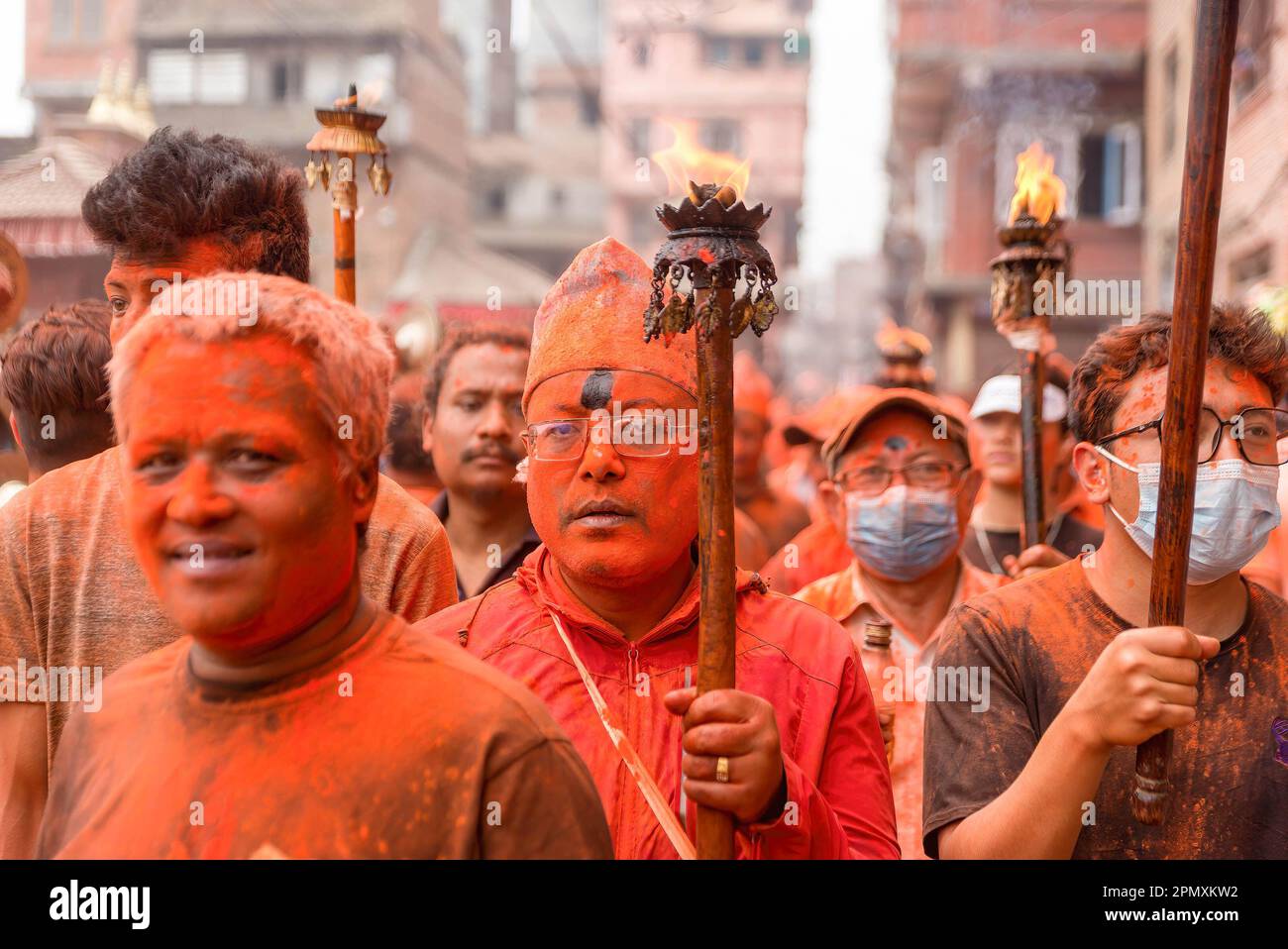 Kathmandu, Nepal. 15th Apr, 2023. Nepalese devotees walk with torches ...