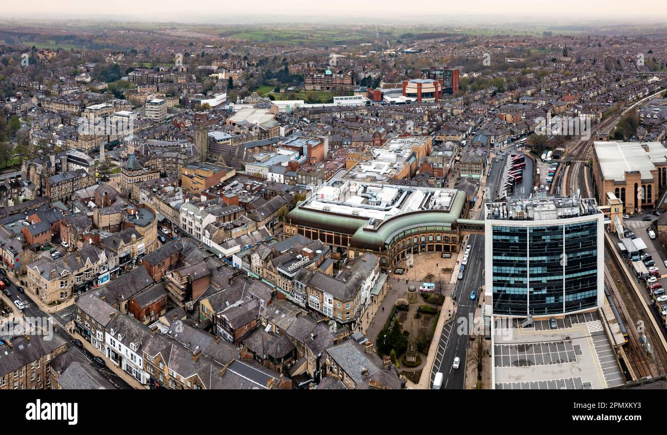 HARROGATE, UK - APRIL 15, 2023. An aerial cityscape of Harrogate town ...