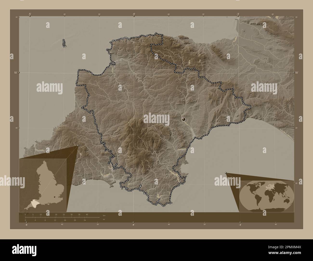 Devon, administrative county of England - Great Britain. Elevation map ...