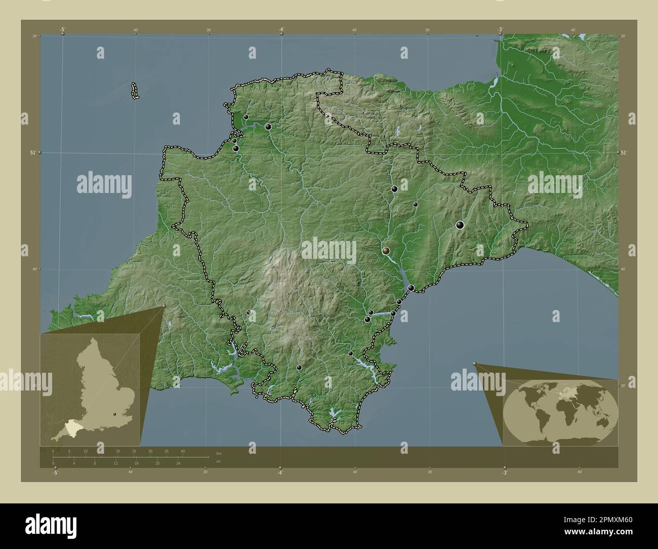 Devon, administrative county of England - Great Britain. Elevation map ...