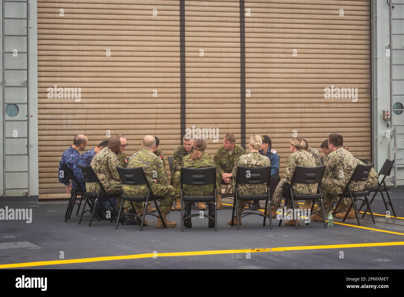 Multi-national military medical personnel gathered in a circle for a ...