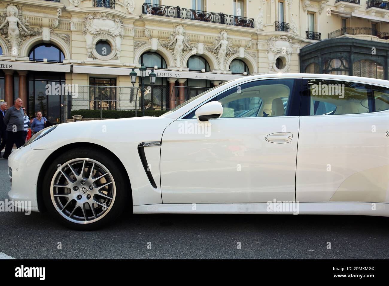 Monte-Carlo, Monaco - May 17, 2016: Side view photo of a white Porsche ...