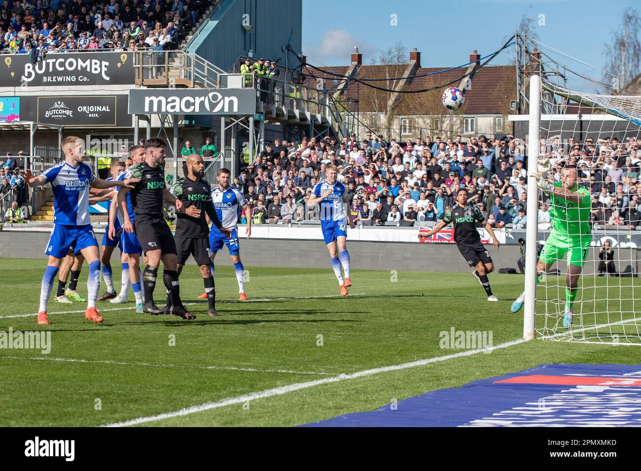 James Belshaw #1 of Bristol Rovers makes a save from a free kick during ...