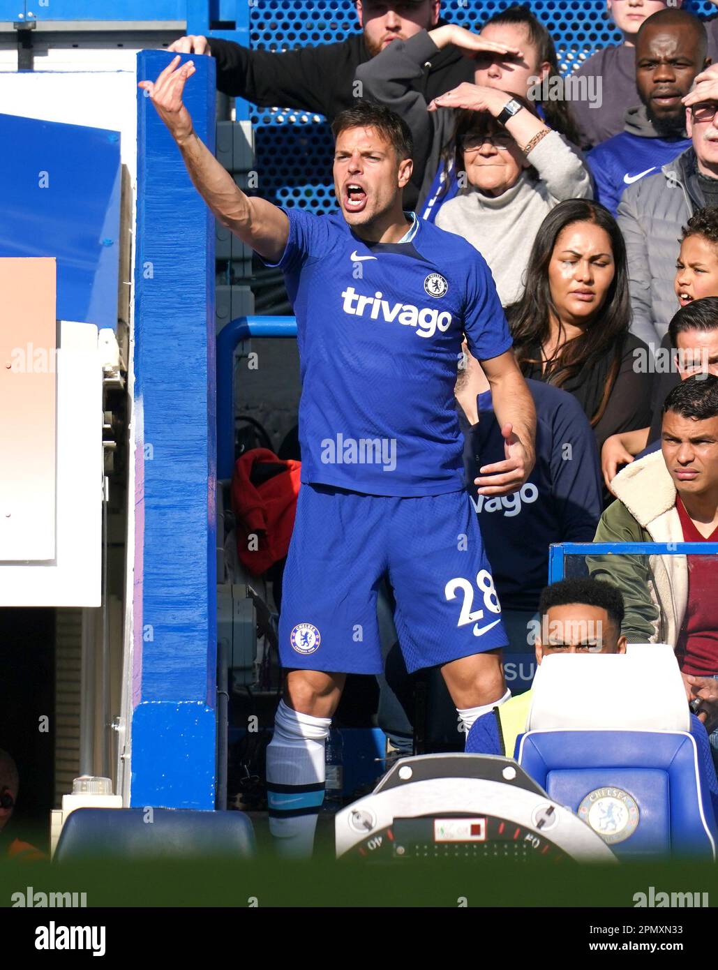 Chelsea's Cesar Azpilicueta reacts from the bench during the Premier ...