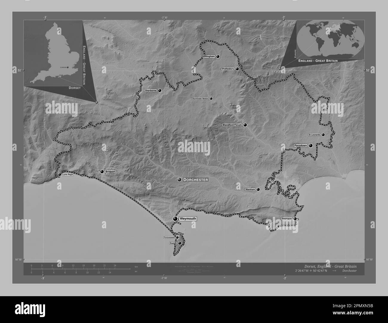 Dorset, administrative county of England - Great Britain. Grayscale ...