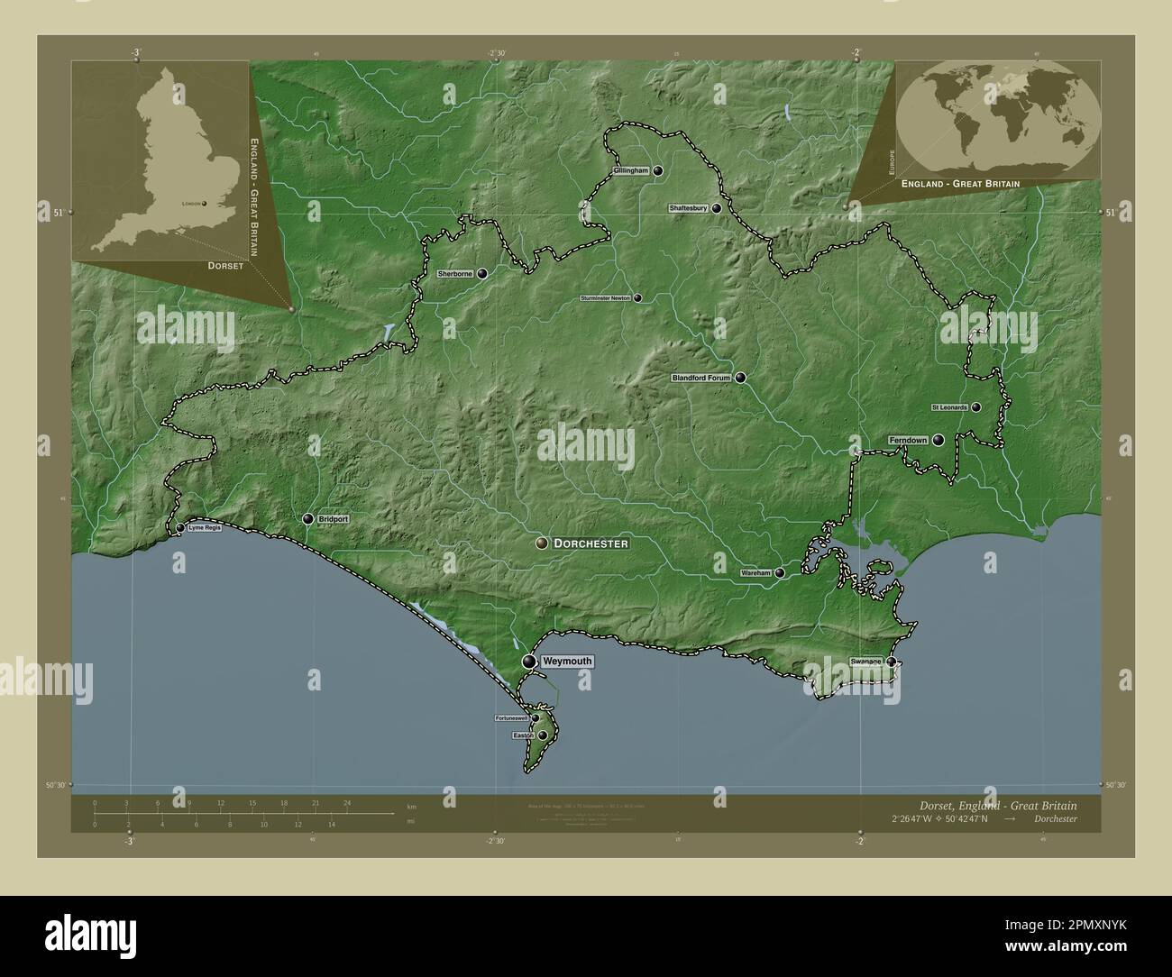 Dorset, administrative county of England - Great Britain. Elevation map ...