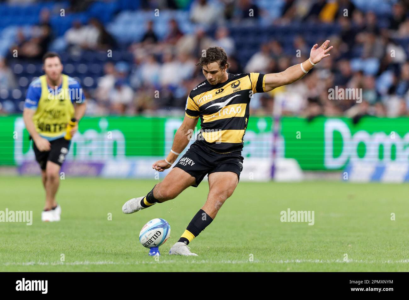 Jake Strachan of the Force kicks a penalty goal during the Super Rugby ...