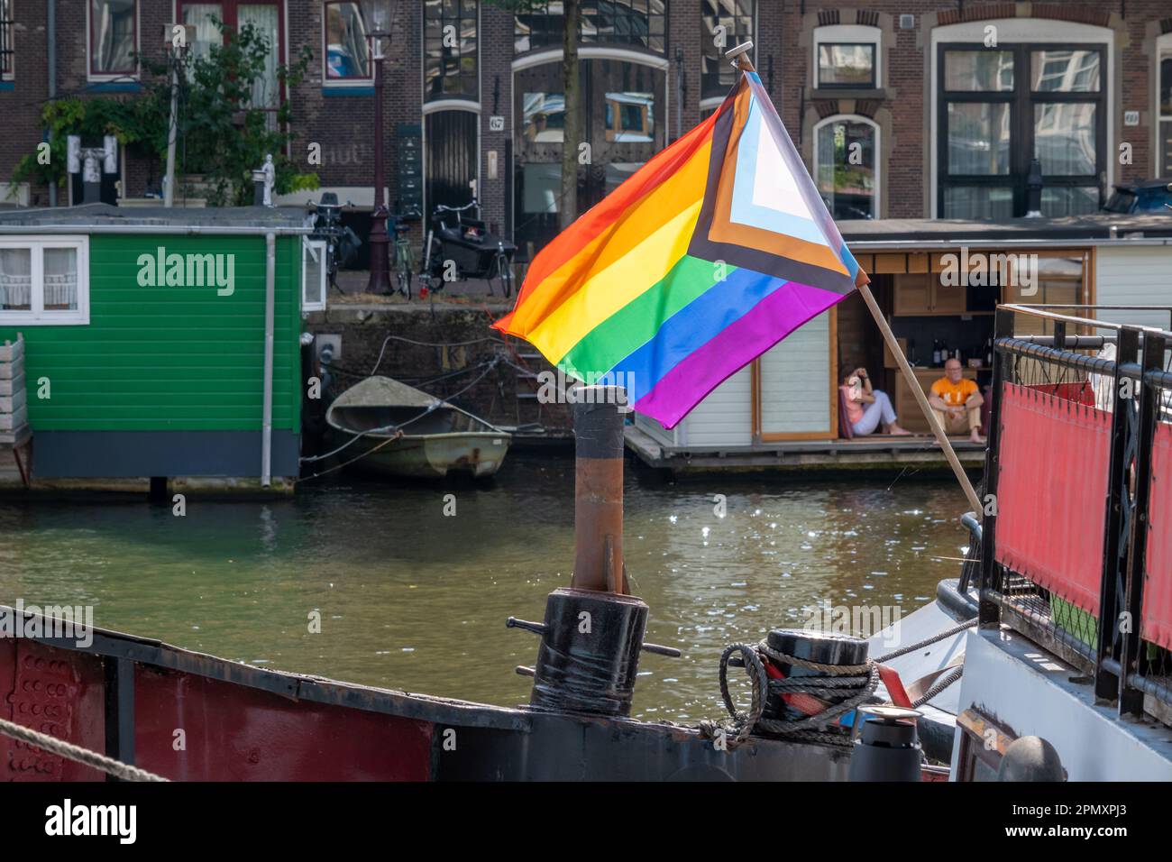 Amsterdam, Netherlands - 6 September 2022: Gay rainbow flag on a barge ...
