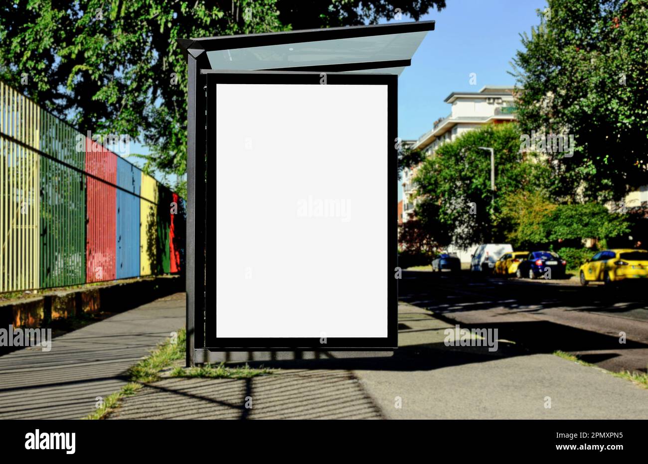 bus shelter with lightbox ad sign. mockup template. glass billboard ...