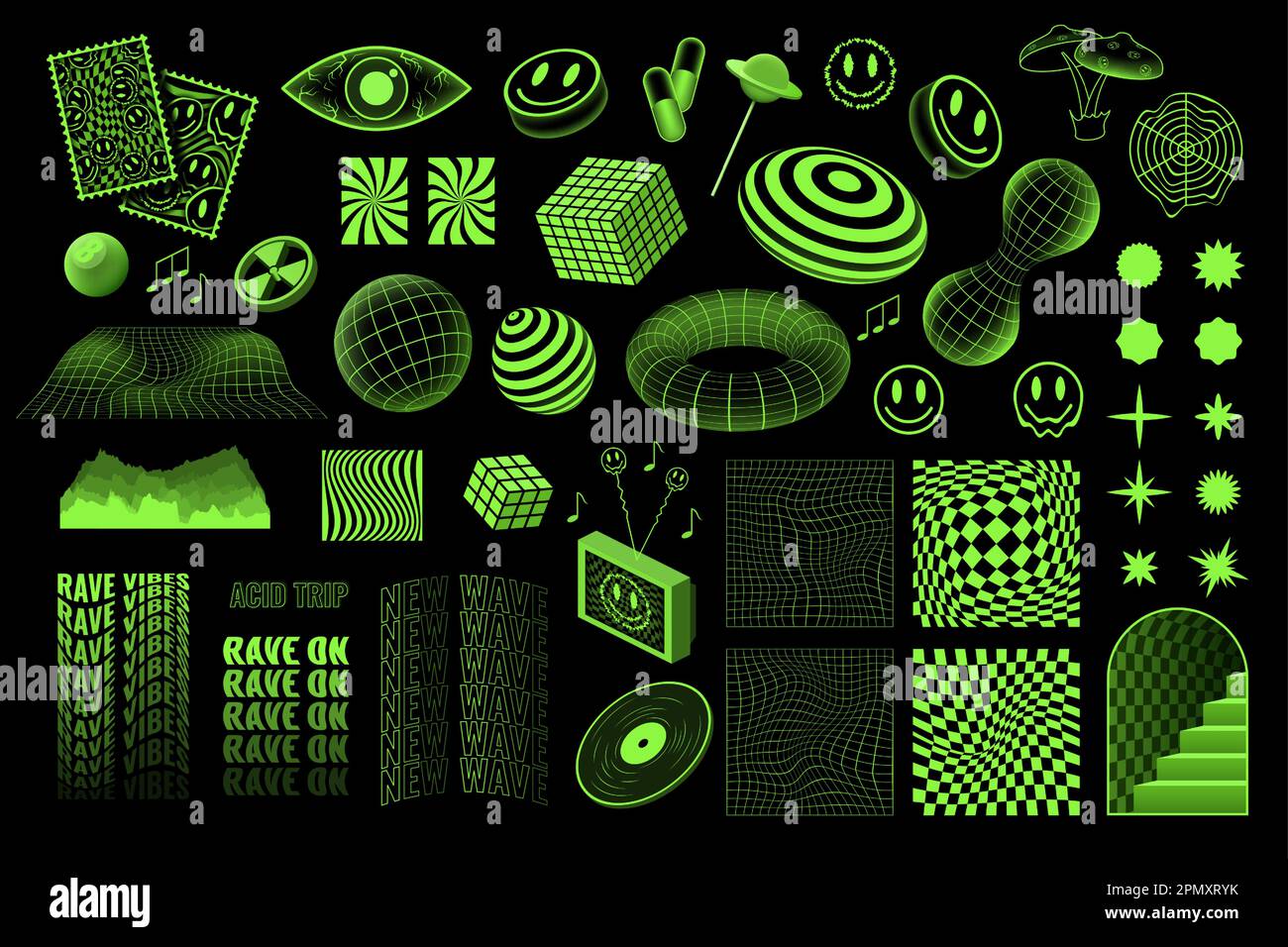 Retro acid shapes, trippy stickers. Neon geometric grid for streetwear ...