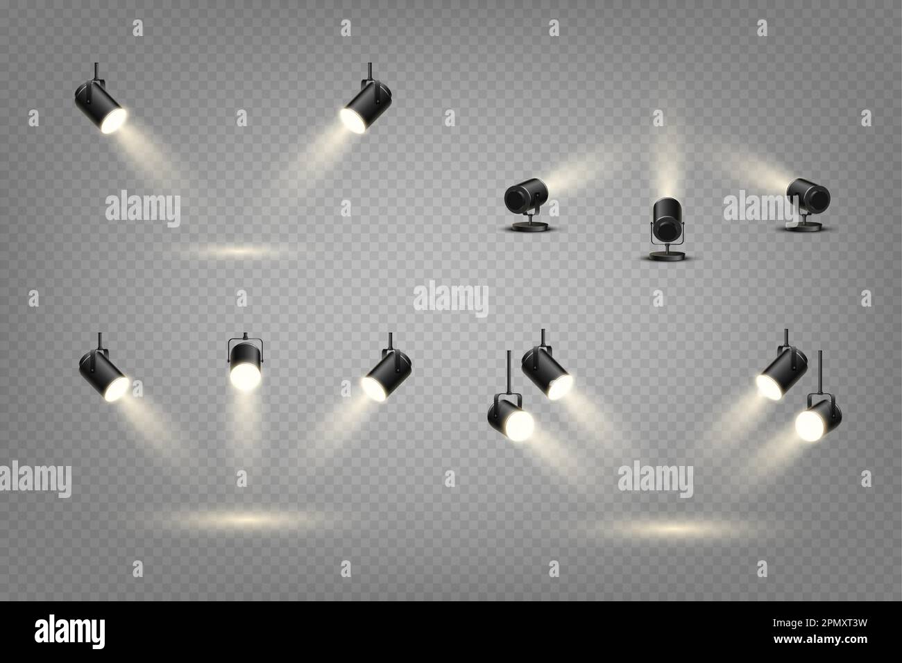 Spotlights set, stage and studio light, realistic hanging and standing ...