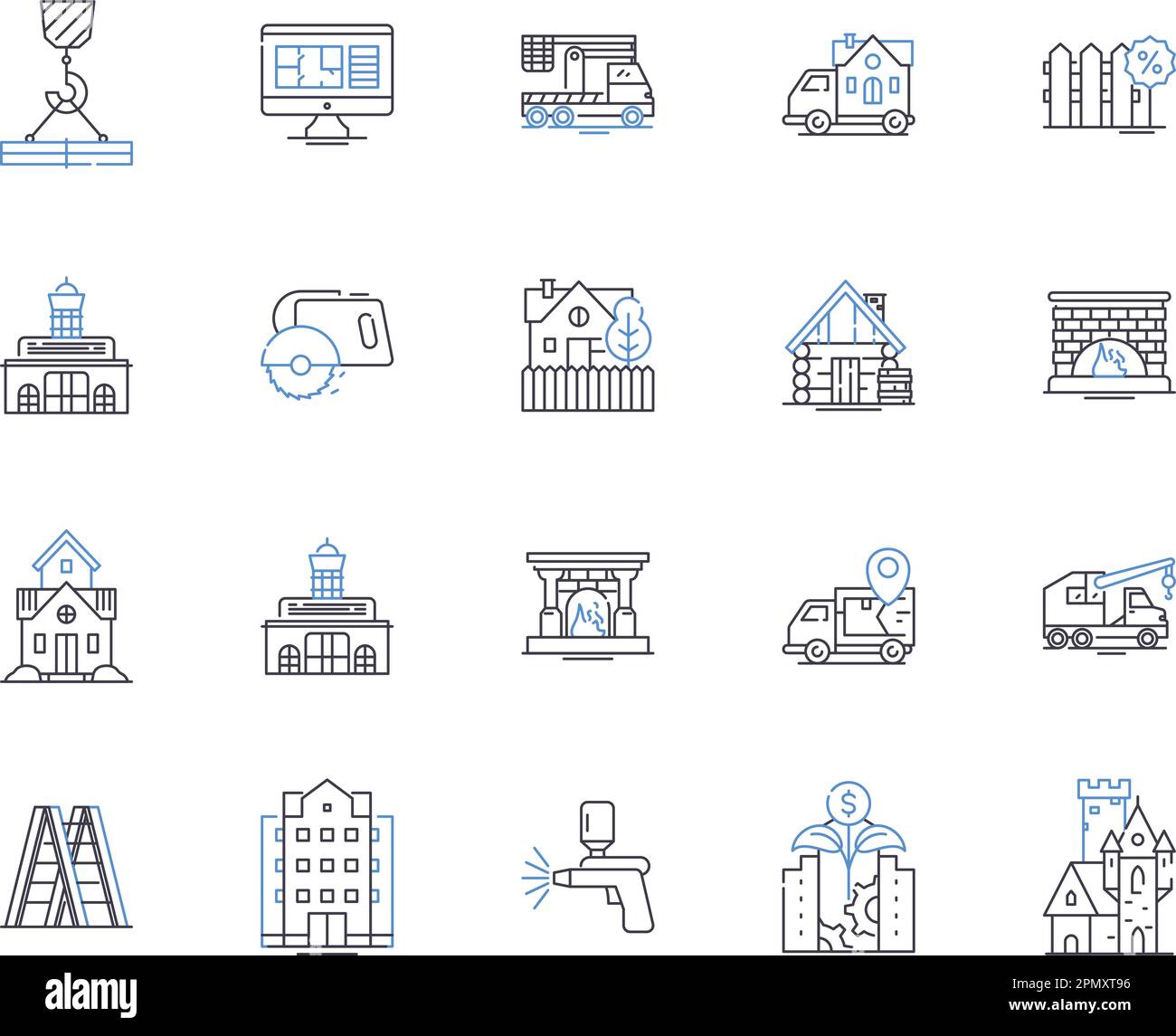Construction tools outline icons collection. Shovel, Hammer, Drill, Saw ...