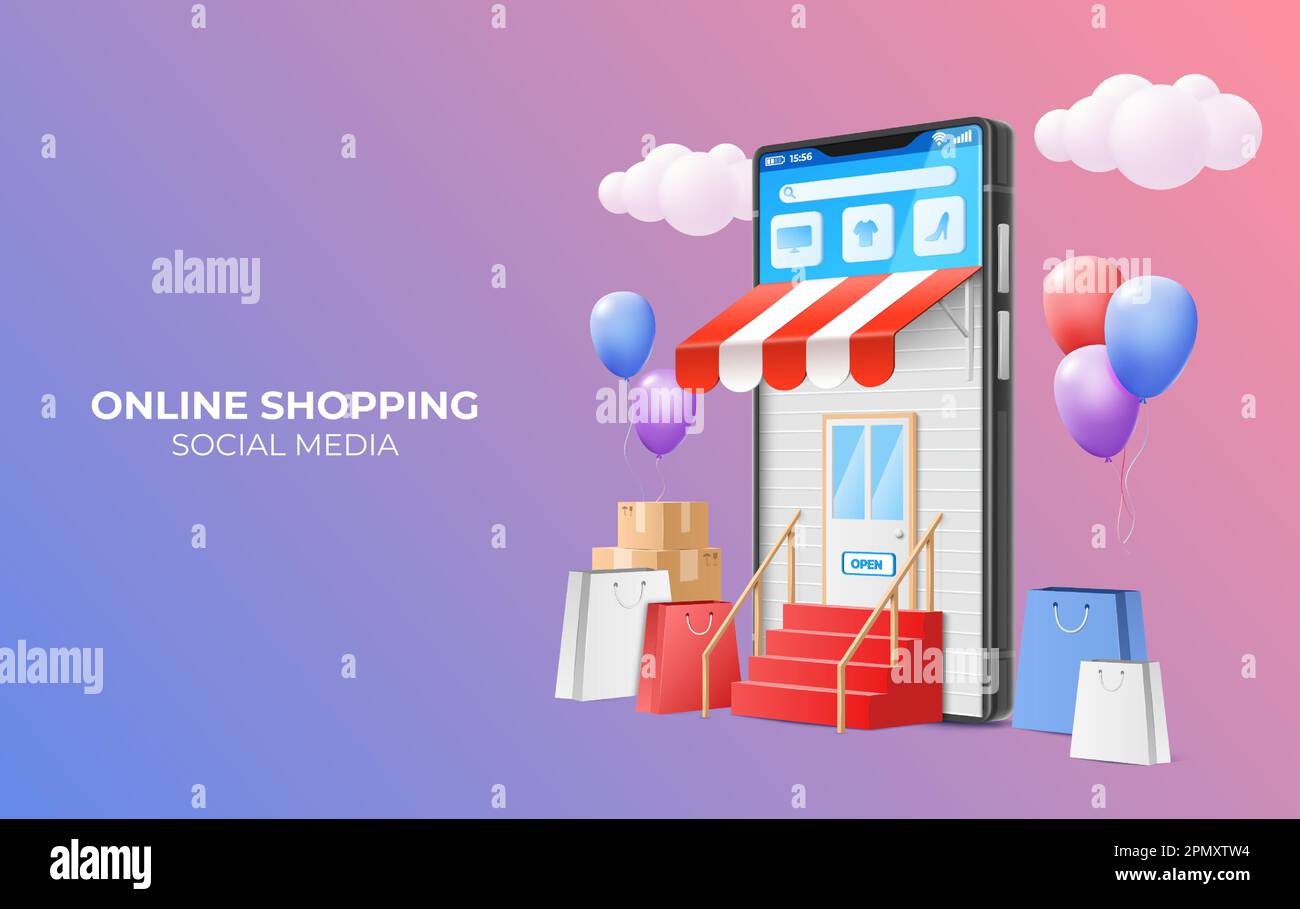 Online shopping. 3D store. Mobile application. Sale in social media ...