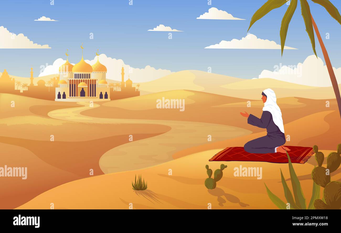 Arabic prayer, muslim character pray, islamic traveler. Mosque on sky ...