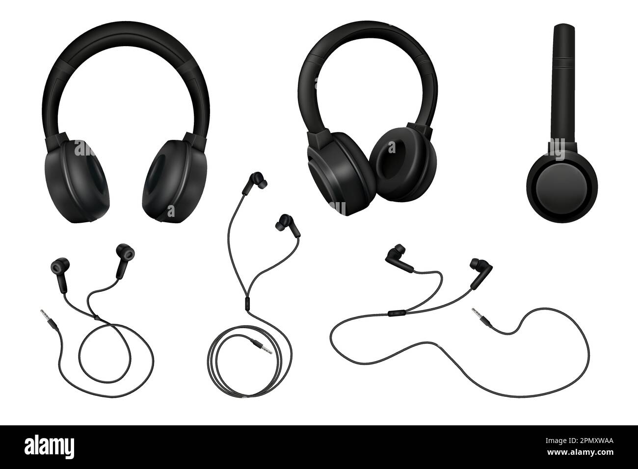 Headphones realistic, earphones different angles view. Black mobile ...