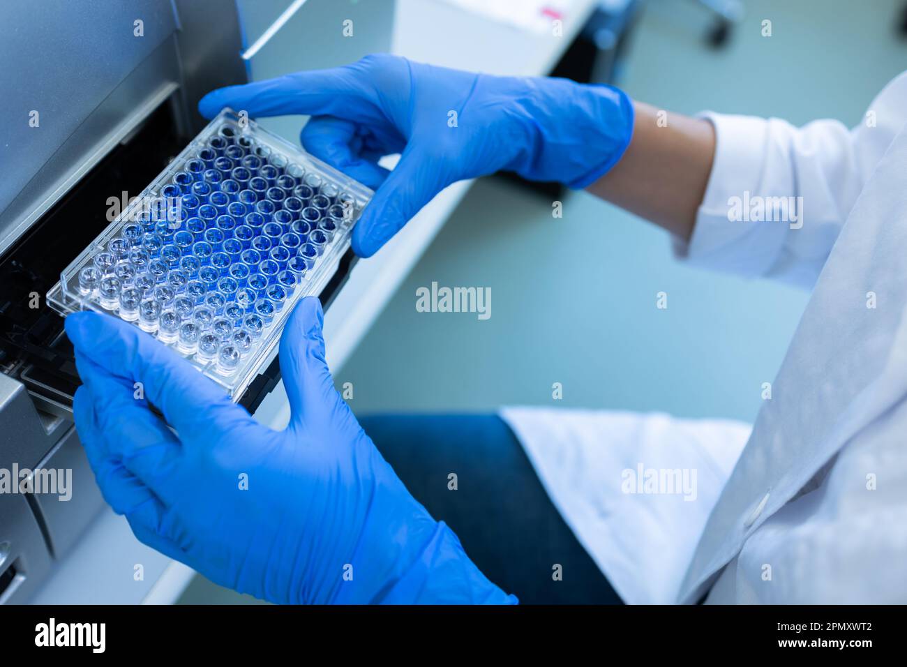 Female researcher carrying out research experiment in a chemistry lab ...