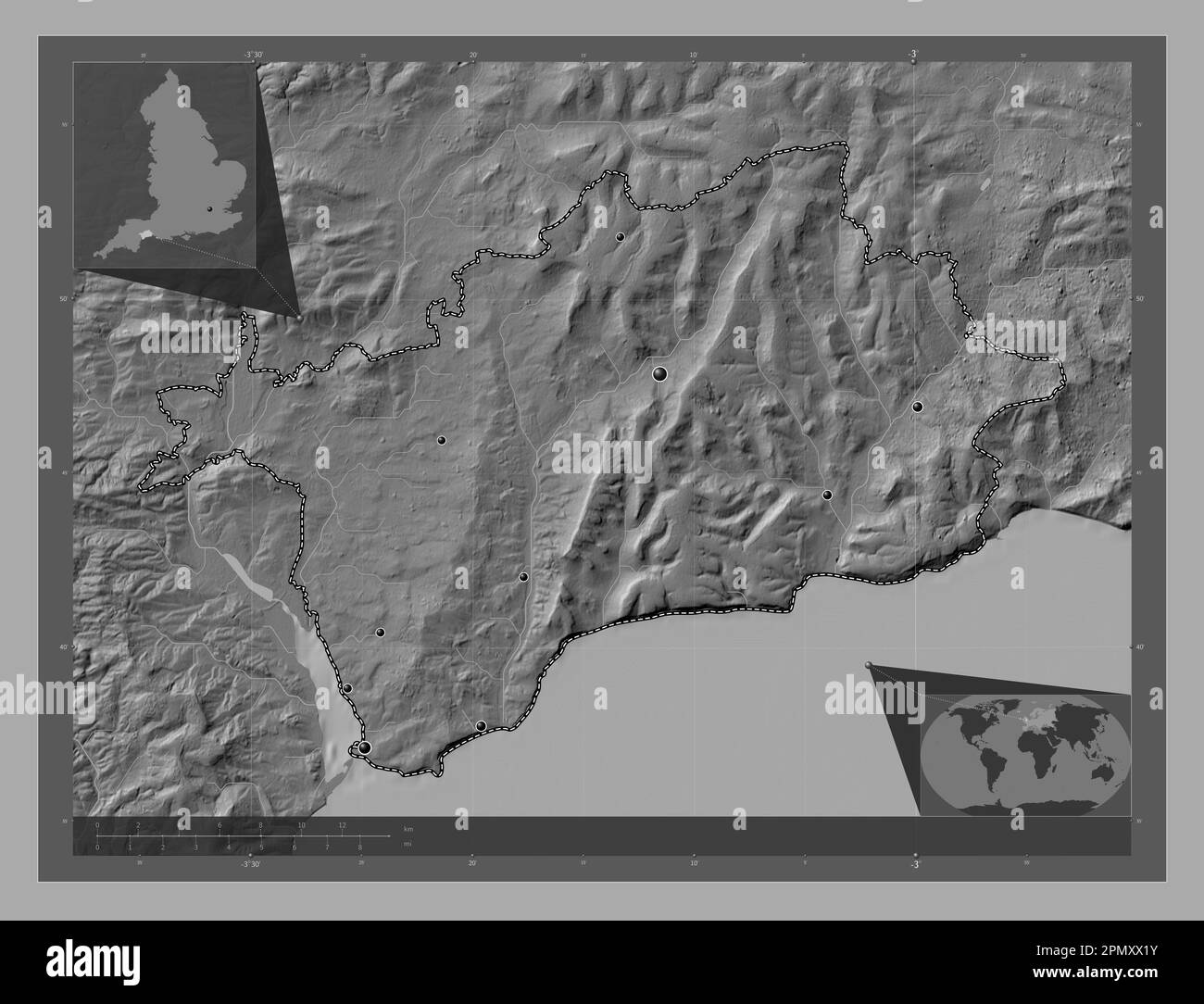 East Devon, non metropolitan district of England - Great Britain. Bilevel elevation map with ...