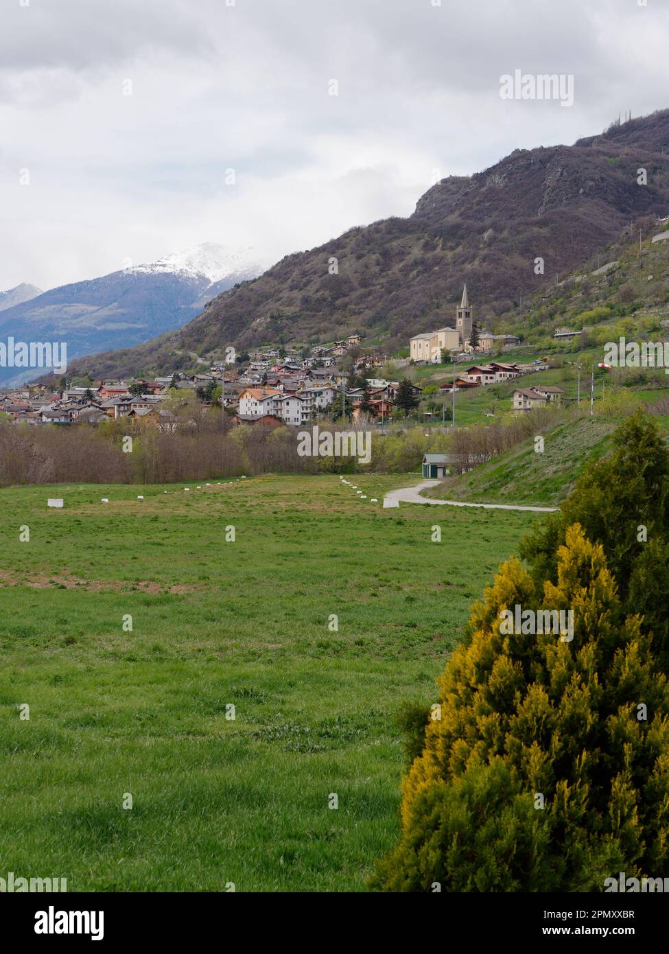 Fenis airfield runway set in a field, in the Aosta Valley region of ...